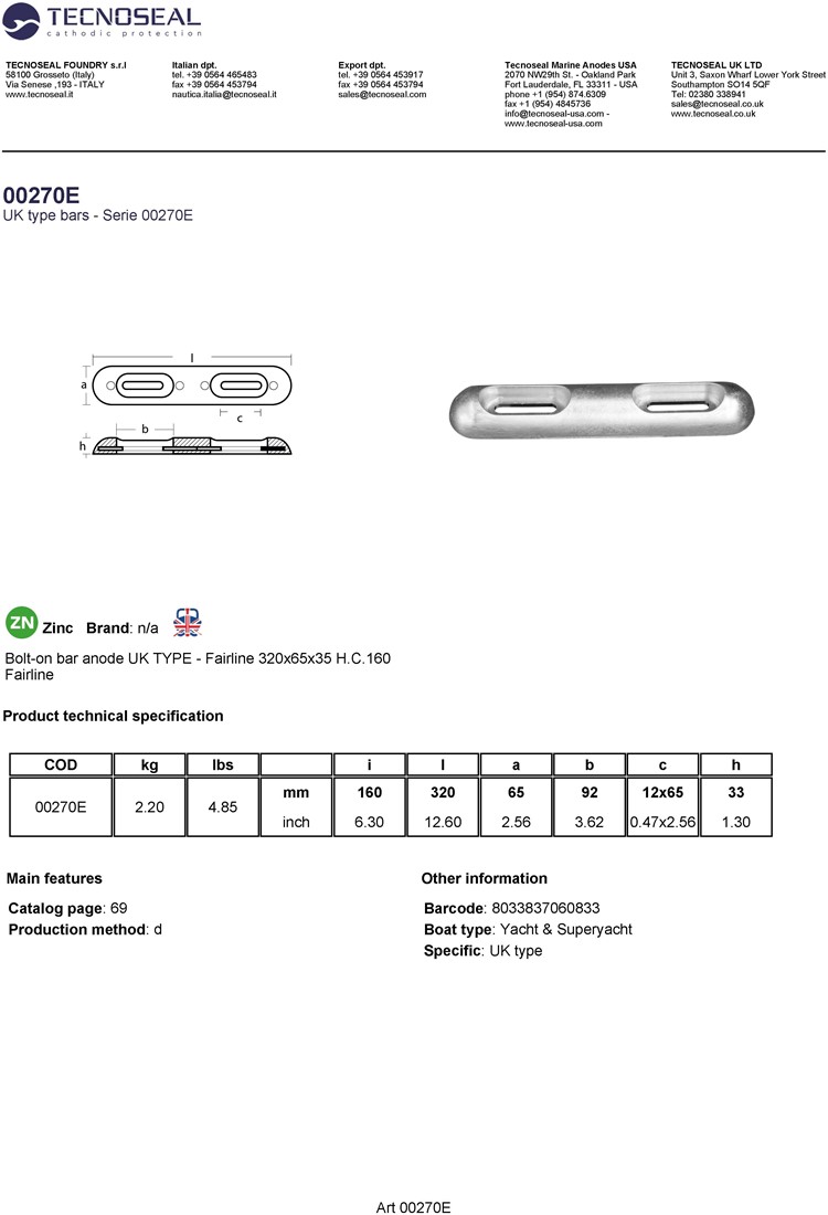 Tecnoseal Bolt-on bar anode UK TYPE - Fairline 320x65x35 - Zink George ...
