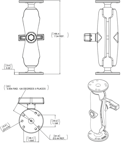 RAM C Size 1.5"" Ball Mount with 2/2.5"" Round Plate with AMPs Hole ...