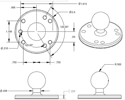 RAM 2.5"" Round Ball Base with the AMPs Hole Pattern & B Size 1"" Ball ...